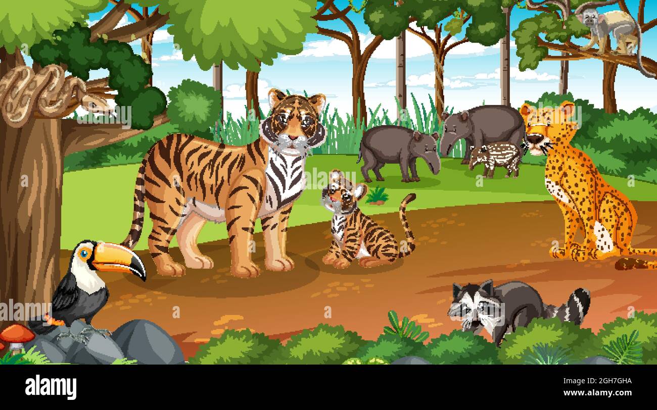 Wild animals in forest scene with many trees illustration Stock Vector ...