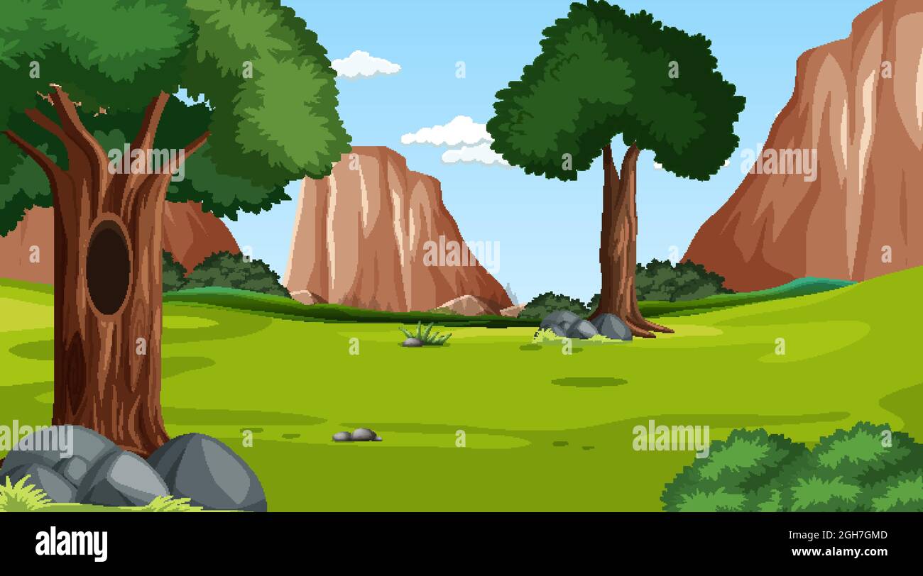 Forest scene with various forest trees and cliff background ...