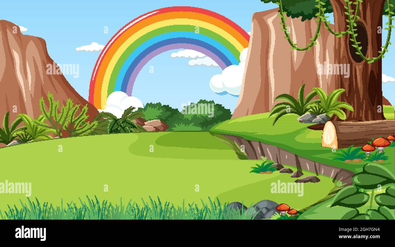 Nature scene background with rainbow in the sky illustration Stock ...
