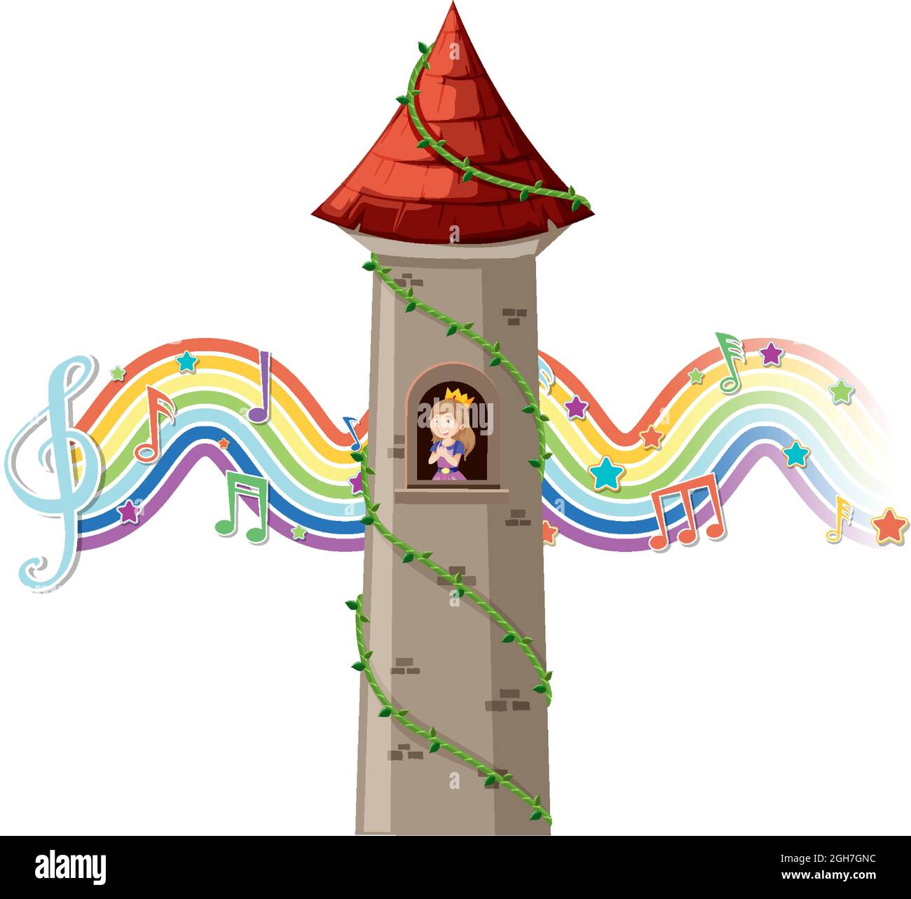 Princess in tower with melody symbol on rainbow wave illustration Stock ...
