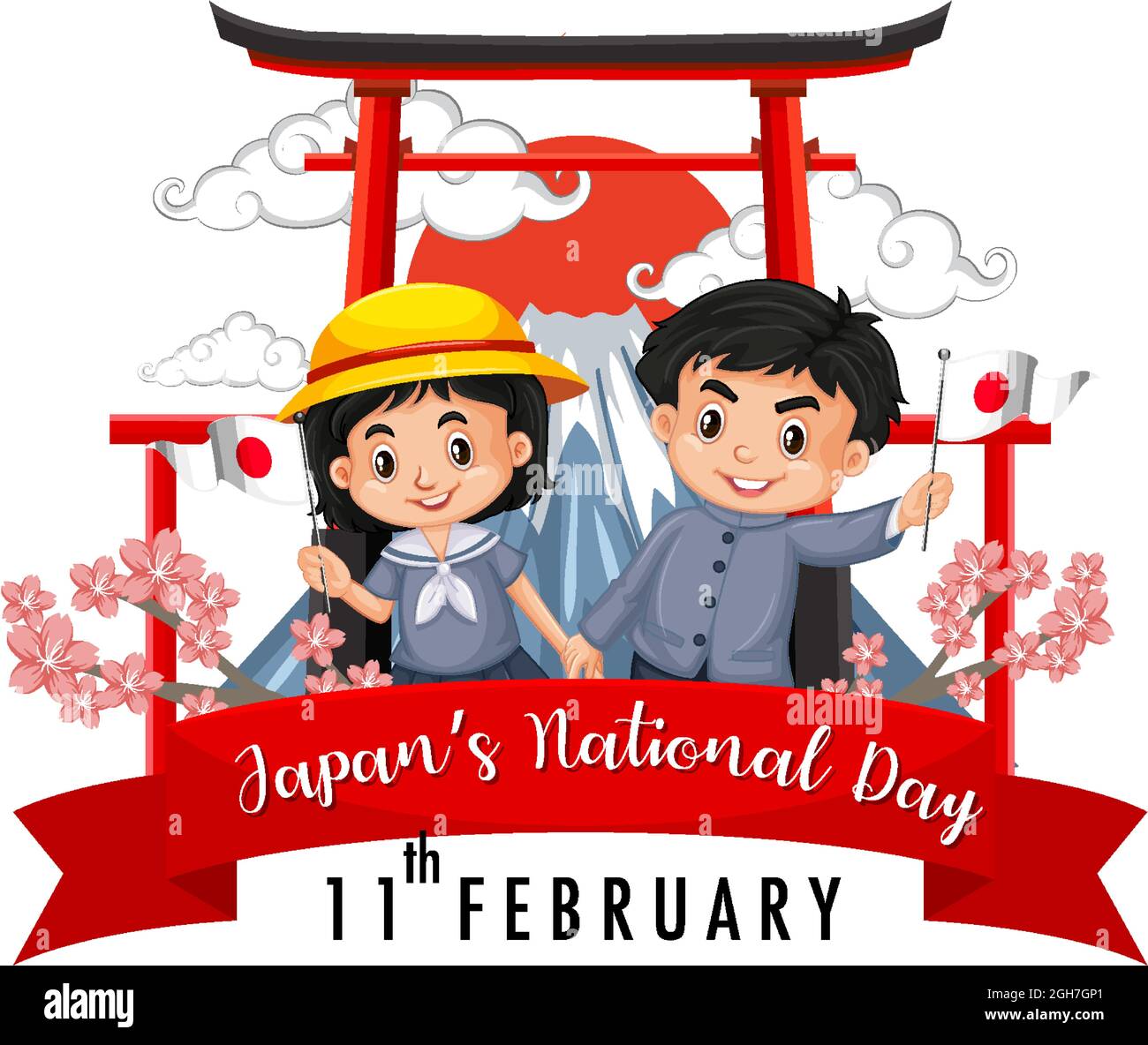 Japan National Day banner with Japanese children cartoon character ...