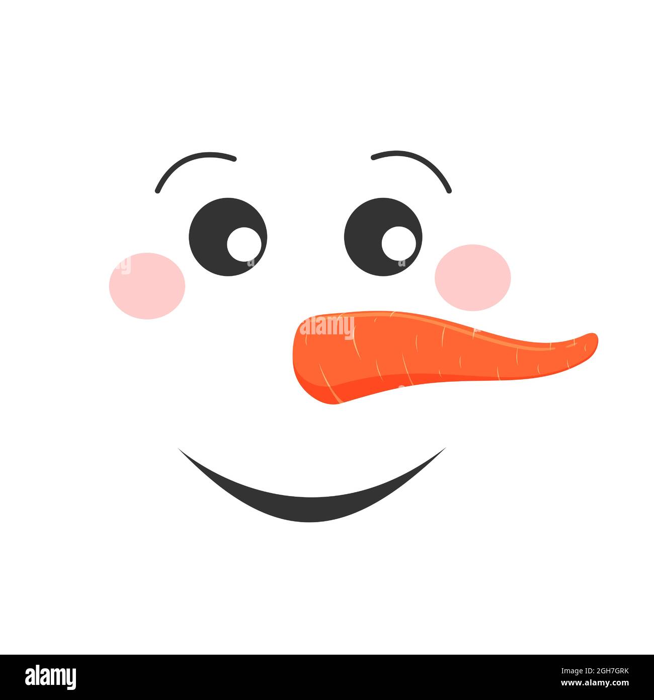 Smiling snowman face. Funny snow man head with rosy cheeks and carrot ...