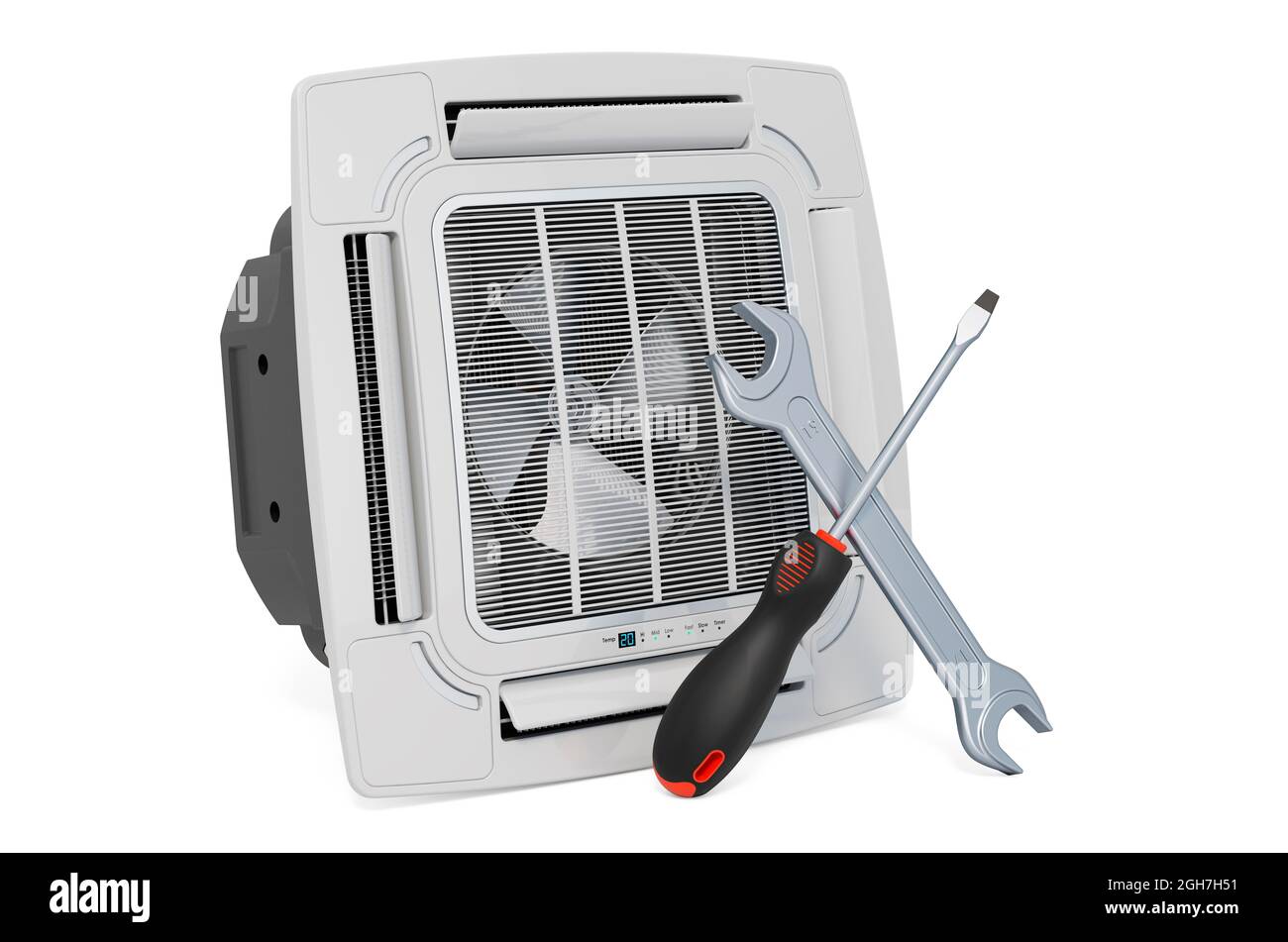 Repair and service of ceiling cassette unit, air conditioner system. 3D ...