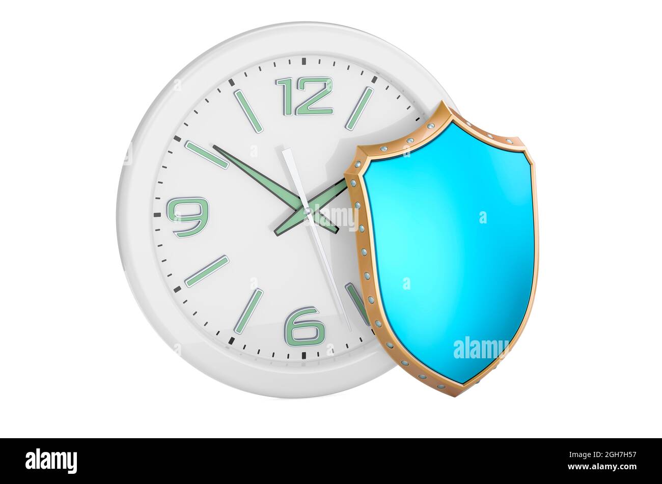 Wall clock with shield, 3D rendering isolated on white background Stock ...