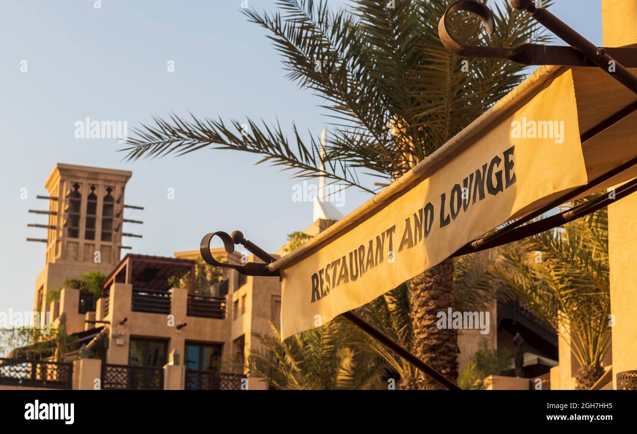 Dubai, UAE - 09.05.2021 - Restaurant and lounge sign with traditional ...