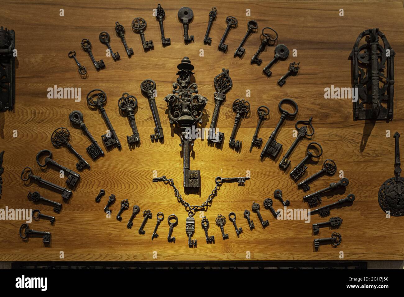 BARCELONA, SPAIN - Oct 26, 2020: A top view of a set of old lock keys ...
