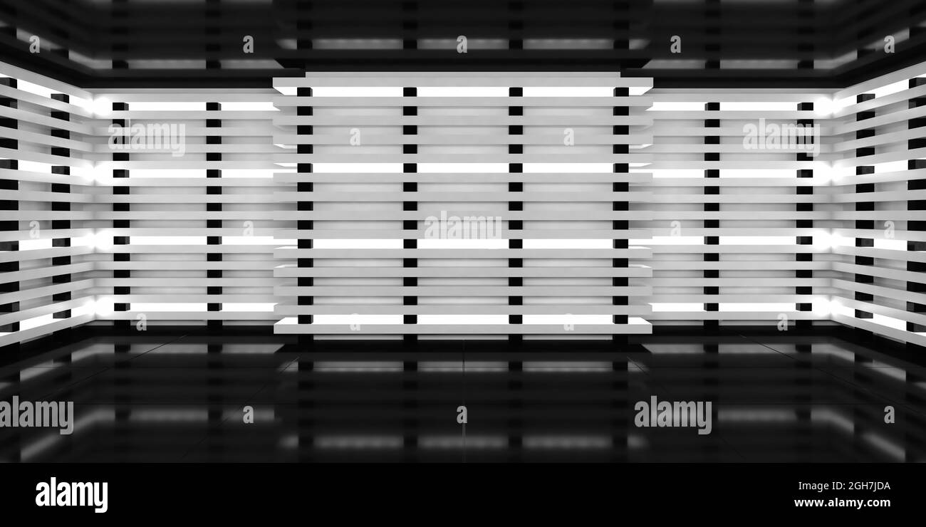 Dark studio room with bright white neon lights on walls. Three ...