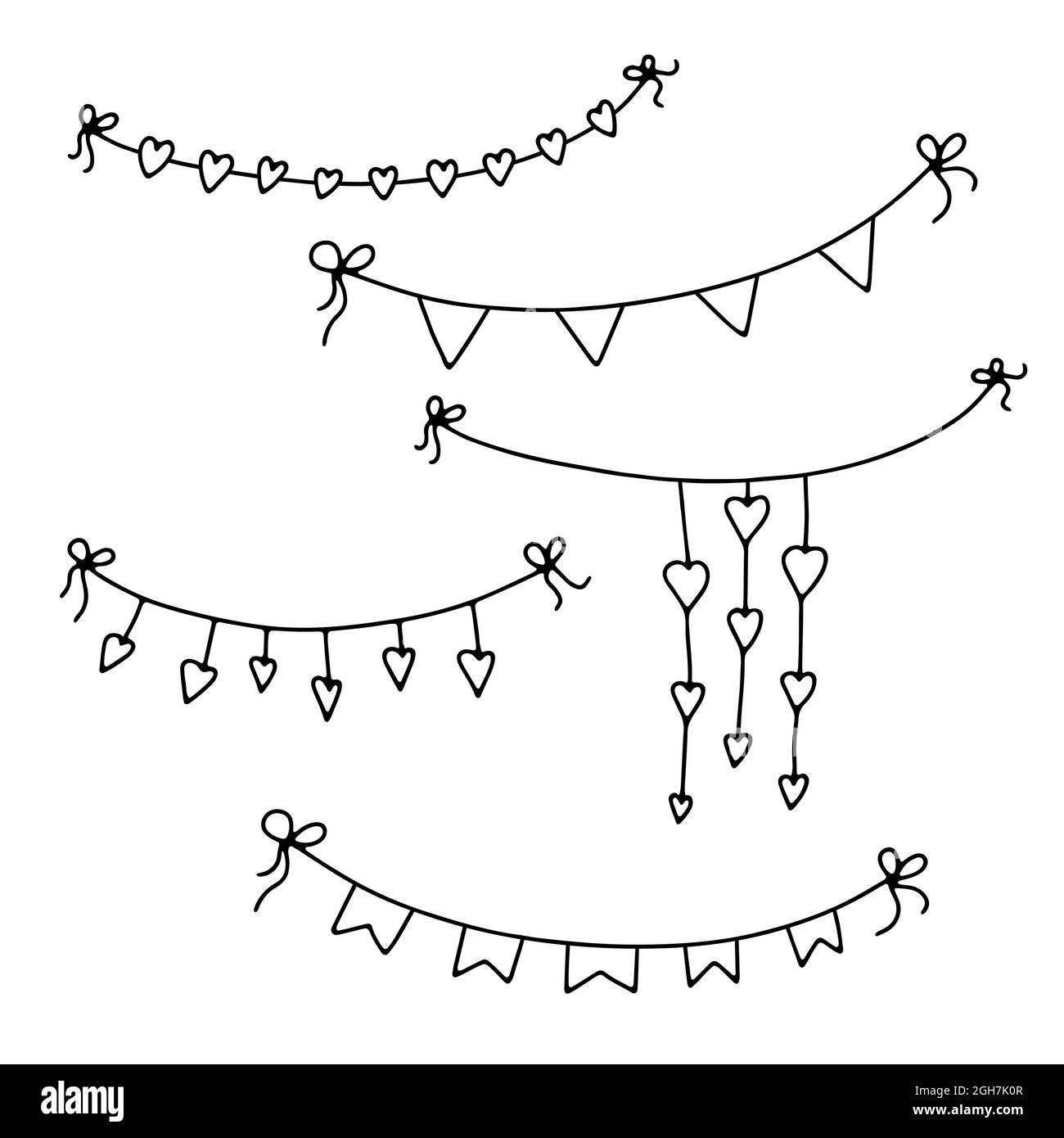 Doodle Valentines Day Garlands set. Hand-drawn festoon isolated on white background. Outline ...