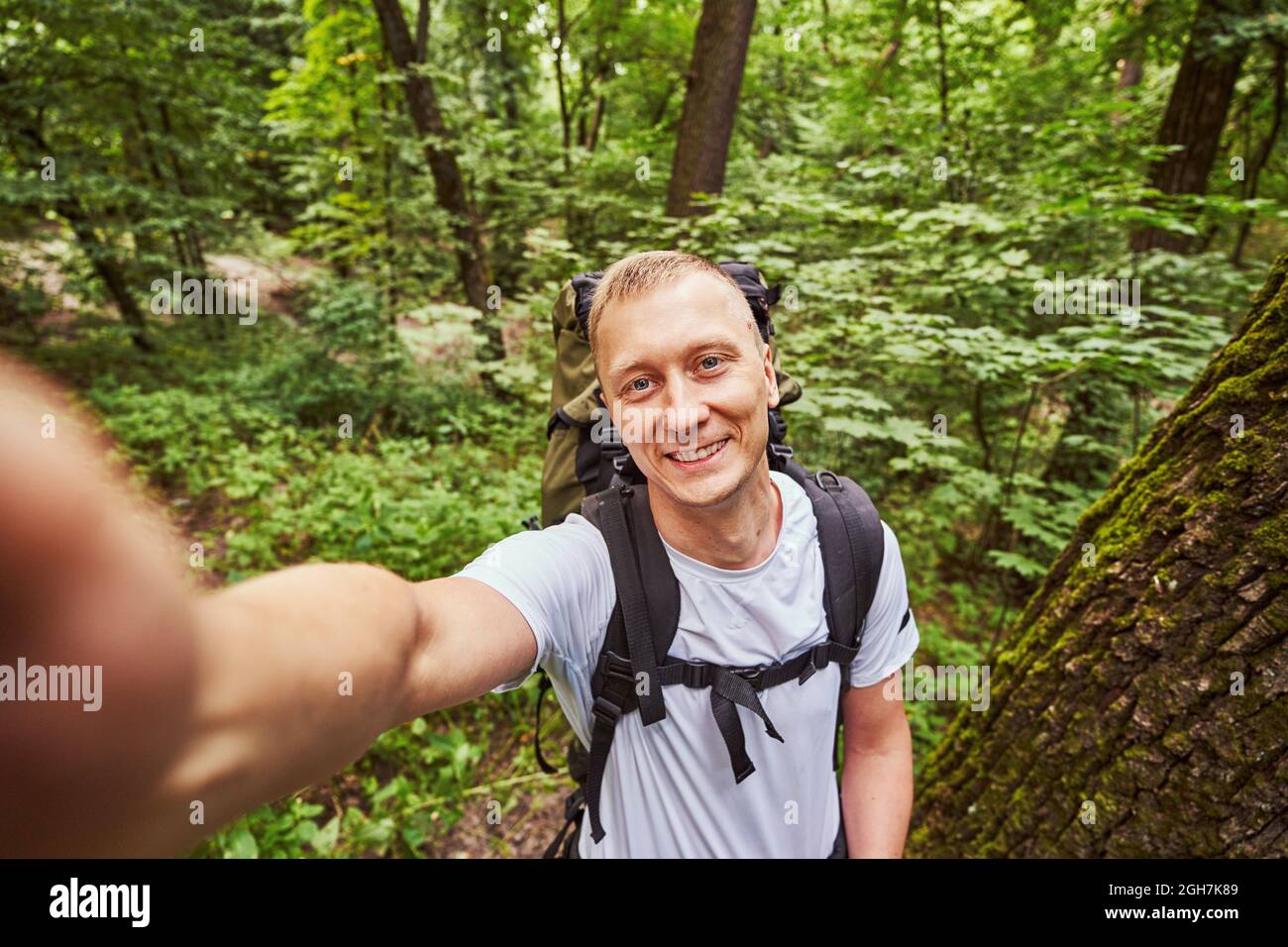 Friends taking forest selfie hi-res stock photography and images - Alamy