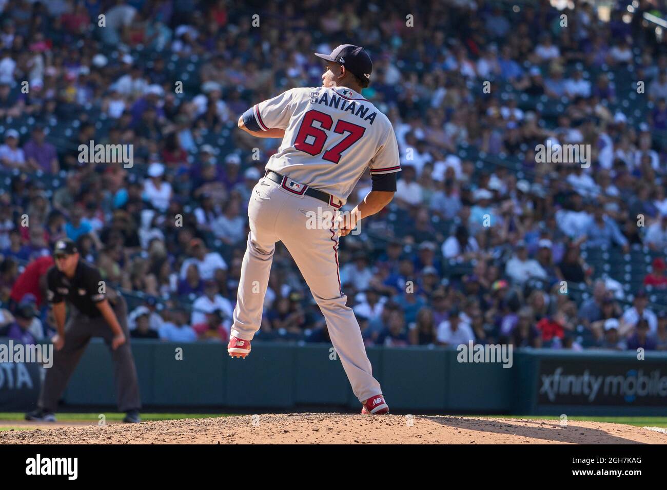 Denver CO, USA. 5th Sep, 2021. Atlanta pitcher Edgar Santana (67 ...
