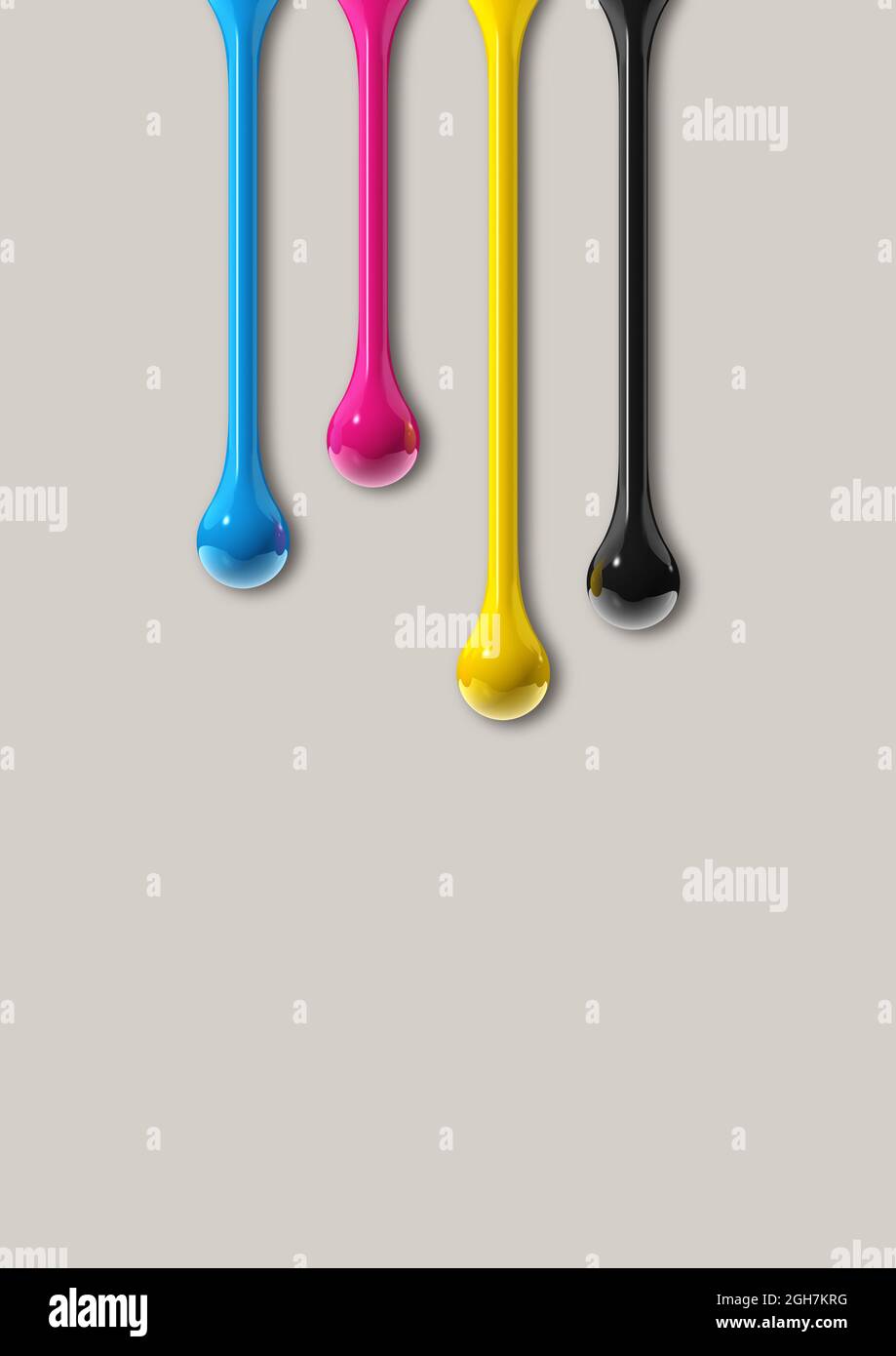 3D cmyk ink drops isolated on grey paper background. Illustration Stock ...