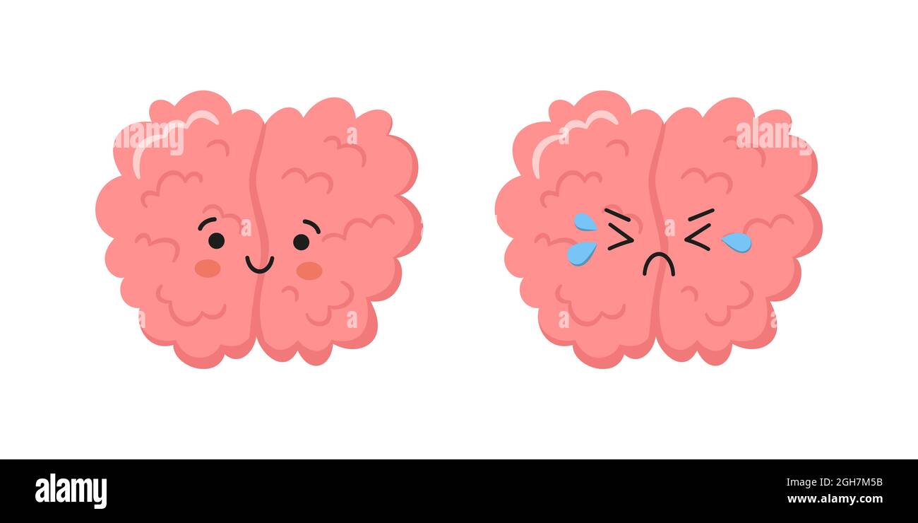 Kawaii happy human brain character and sad crying brain character. Hand ...