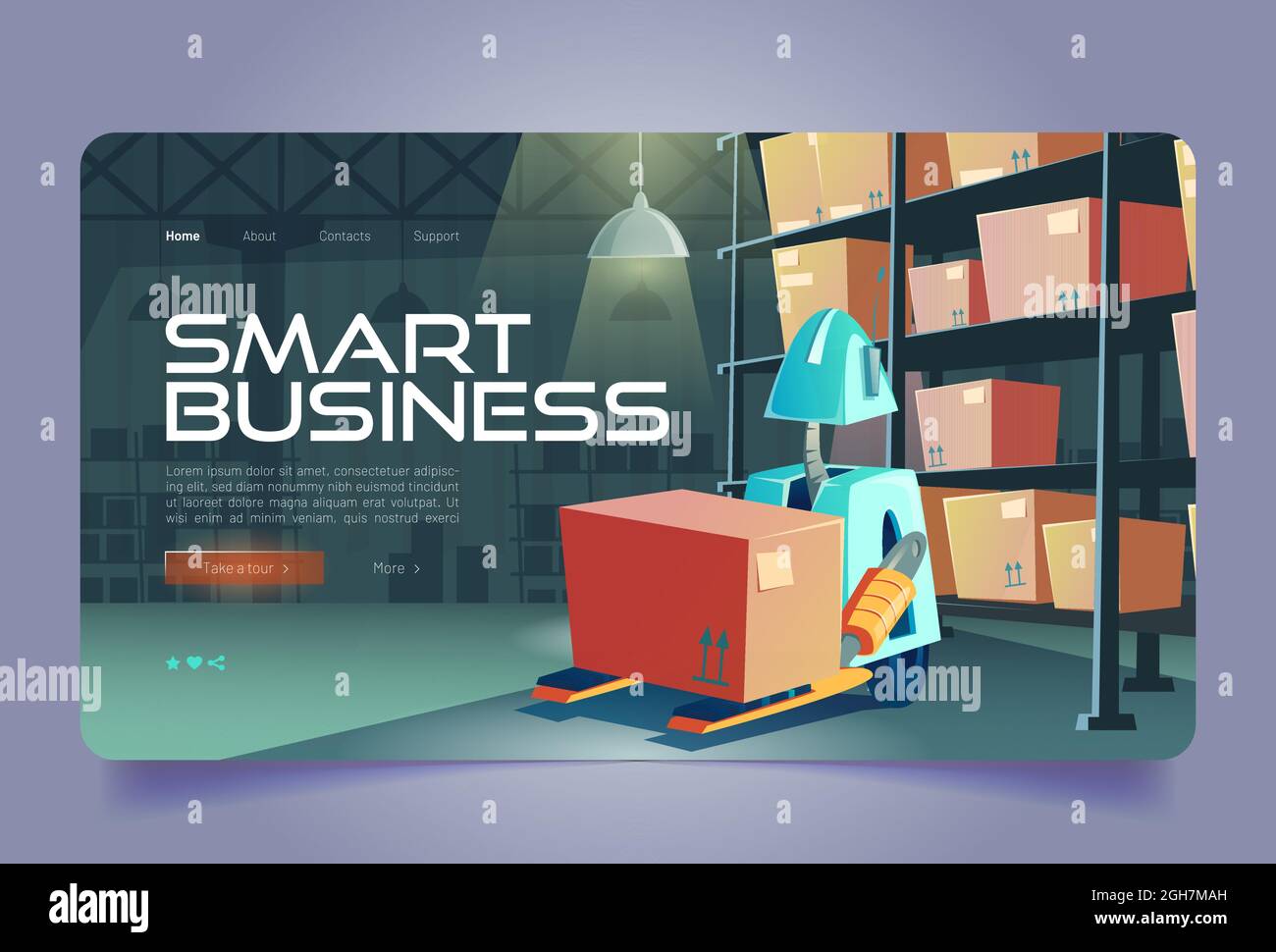 Smart business cartoon landing page. Forklift robot loading box in ...