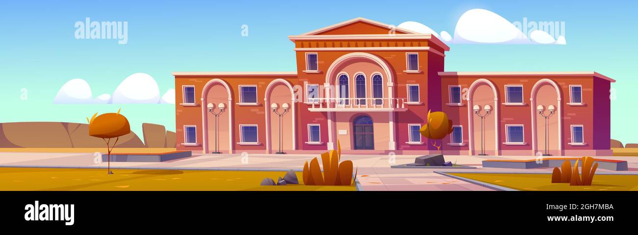 University campus or library facade with front yard, street lamps ...