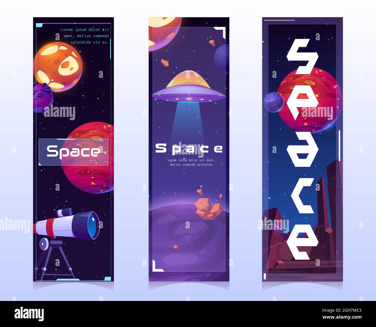 Space bookmarks with alien planets, spaceship and telescope on cosmos ...