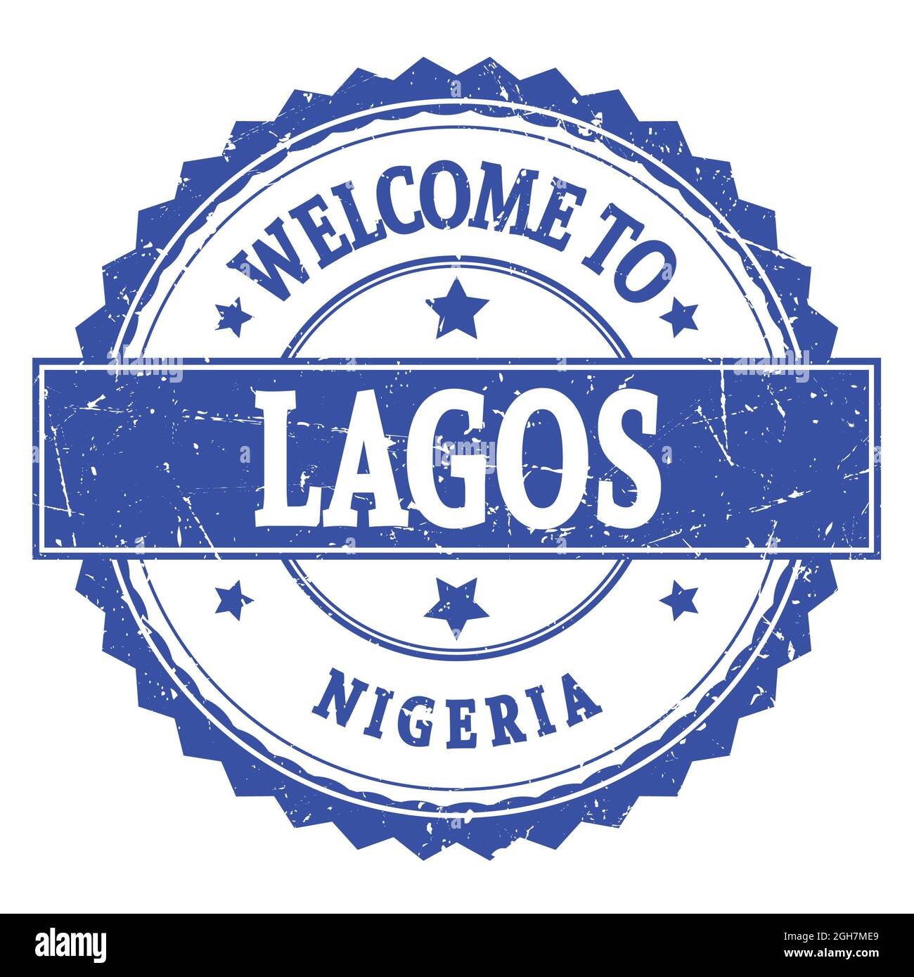 WELCOME TO LAGOS - NIGERIA, words written on blue round zig zag stamp ...