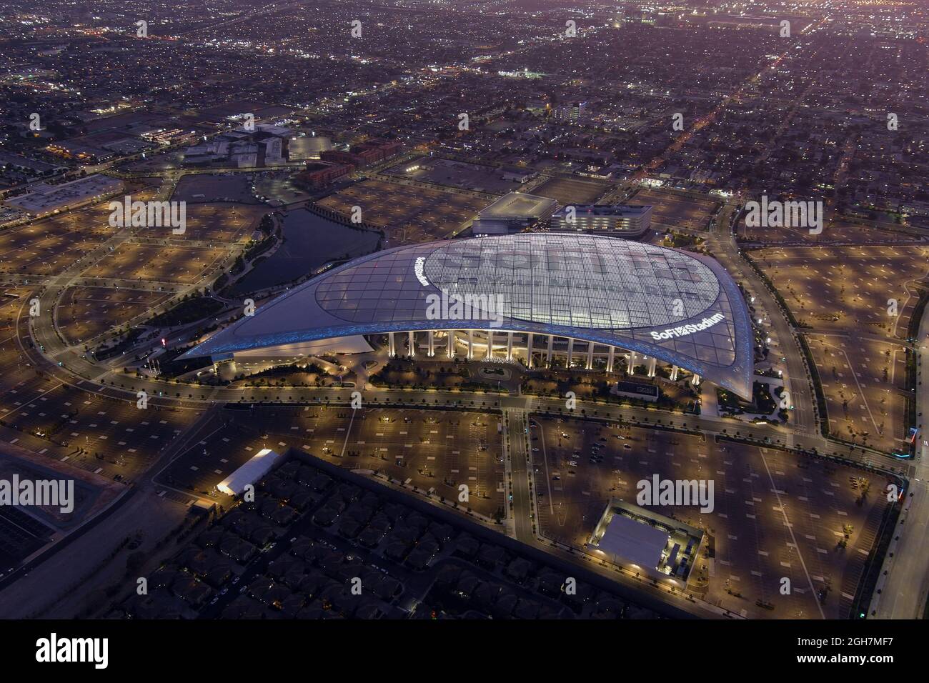 An aerial view of SoFi Stadium, Sunday, Sept. 5, 2021, in inglewood ...