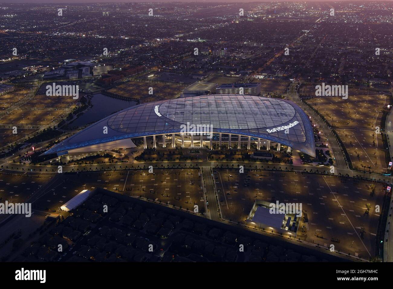 An aerial view of SoFi Stadium, Sunday, Sept. 5, 2021, in inglewood ...