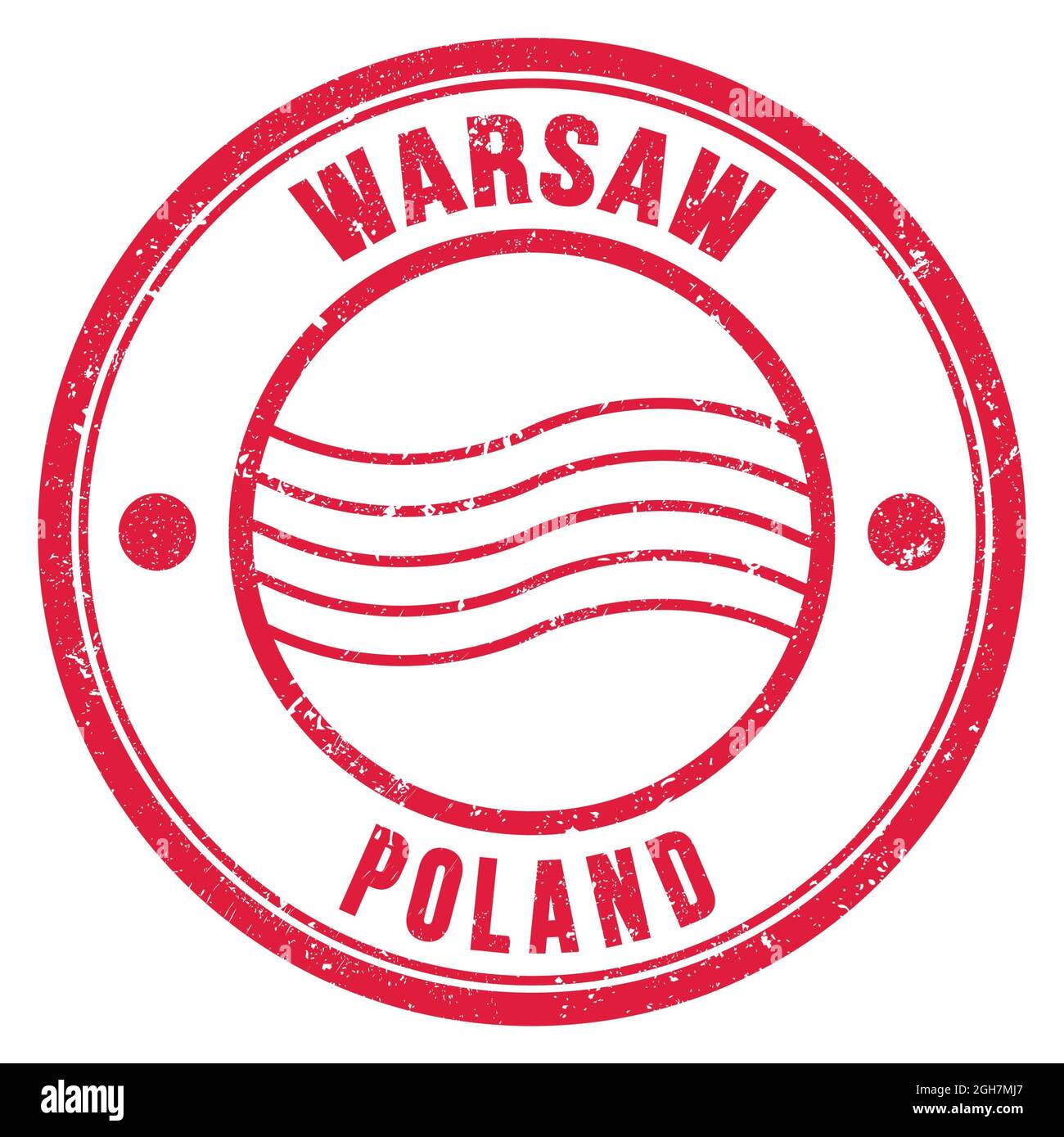 WARSAW - POLAND, words written on red round postal stamp Stock Photo ...