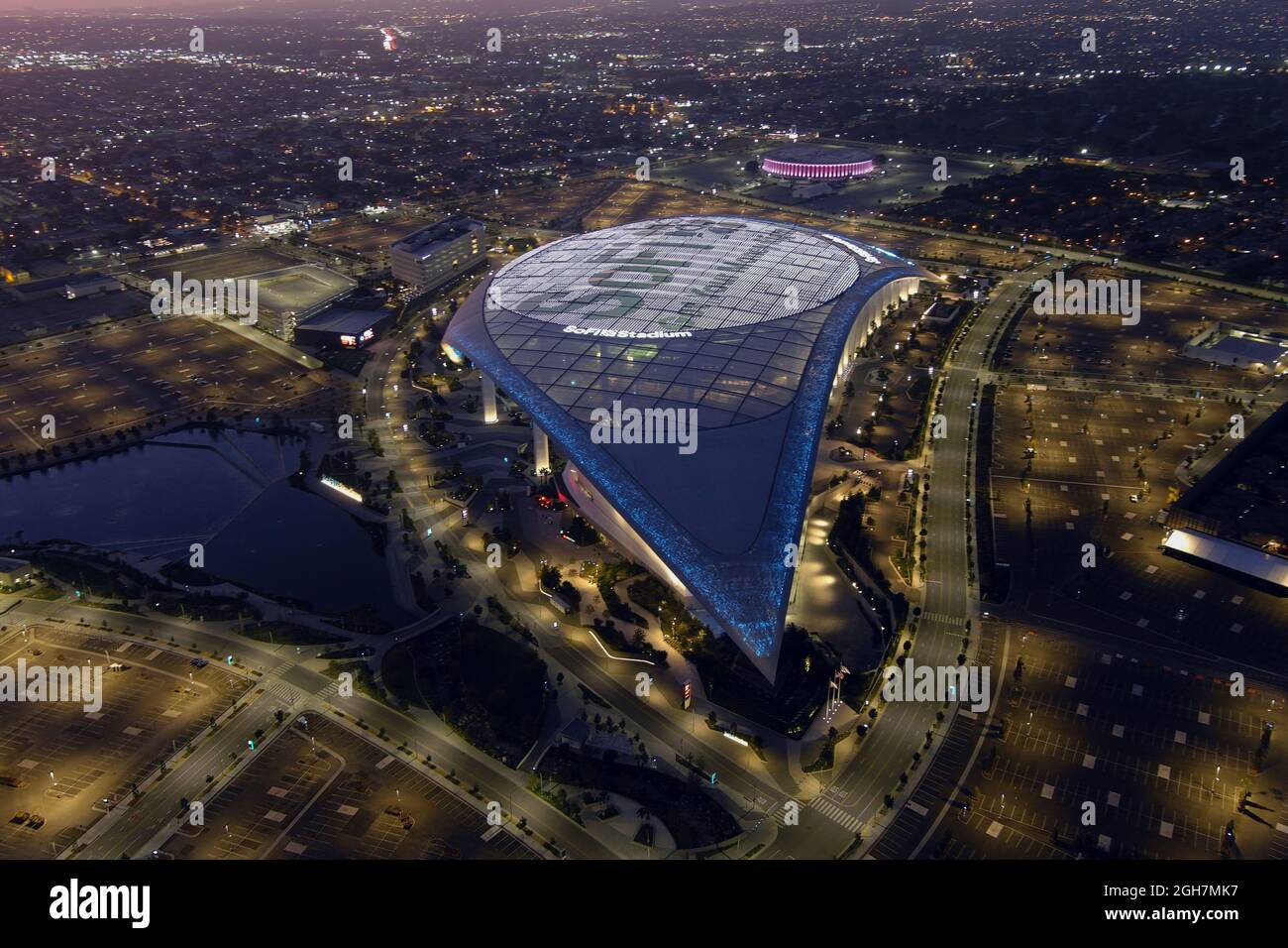An aerial view of SoFi Stadium, Sunday, Sept. 5, 2021, in inglewood ...