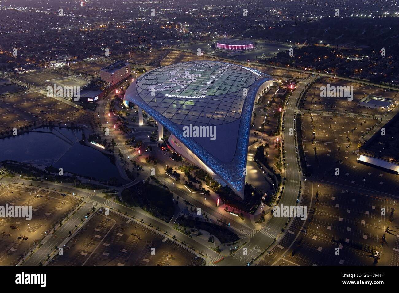 An aerial view of SoFi Stadium, Sunday, Sept. 5, 2021, in inglewood ...