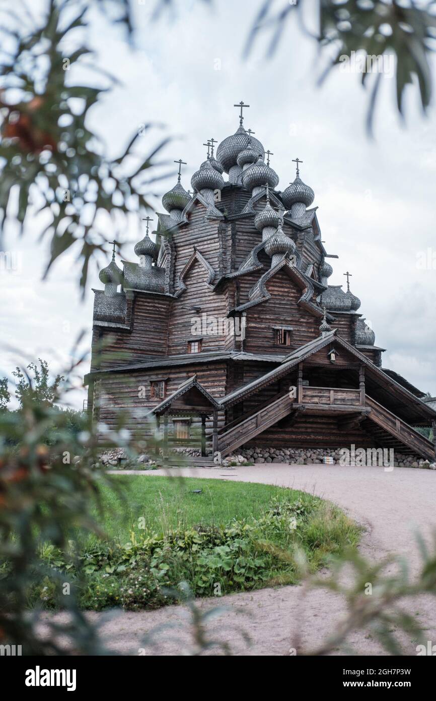 Wooden orthodox Pokrovskaya church. View from the main entrance Stock ...