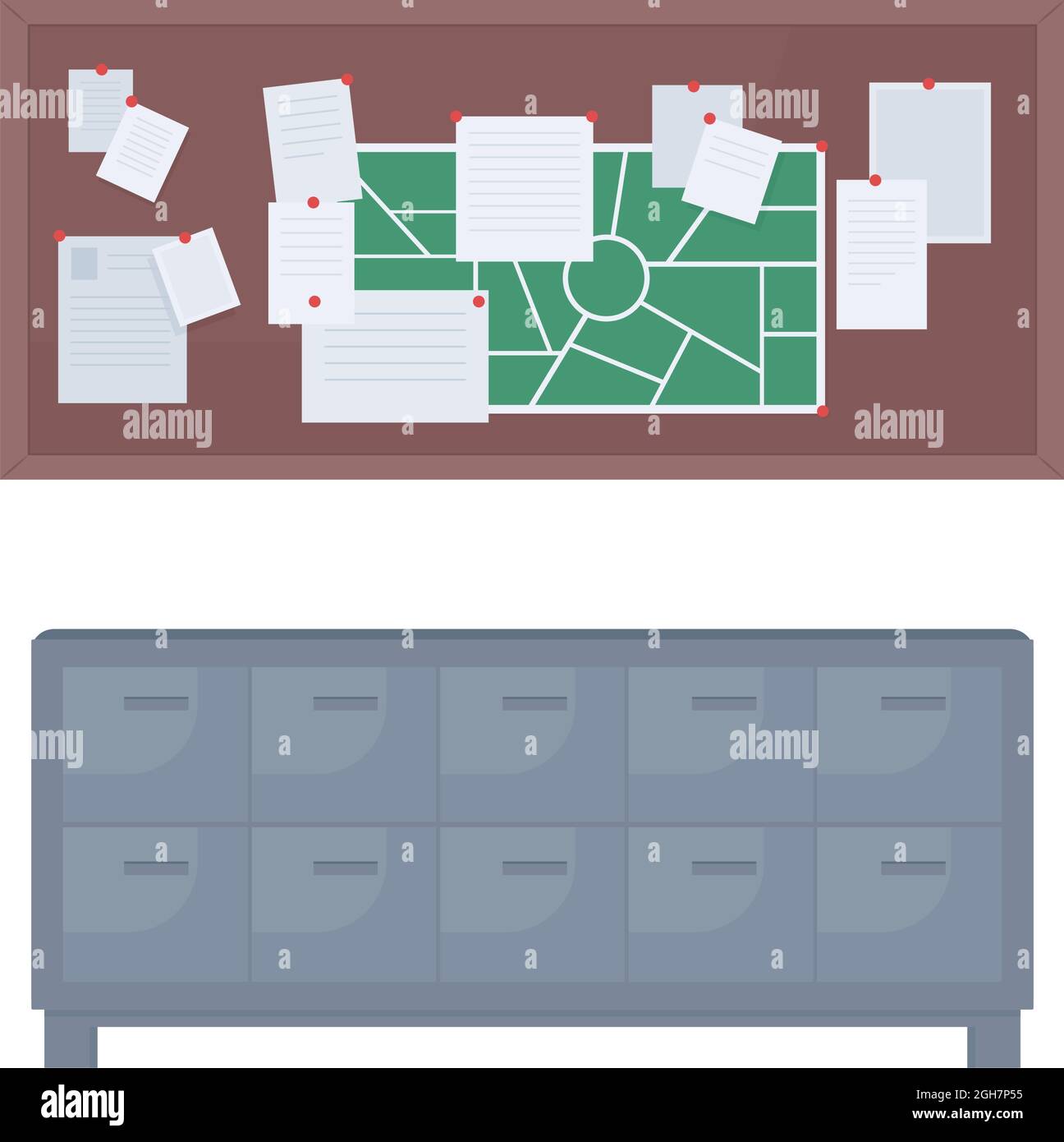 Filing cabinet and cork board semi flat color vector objects Stock ...