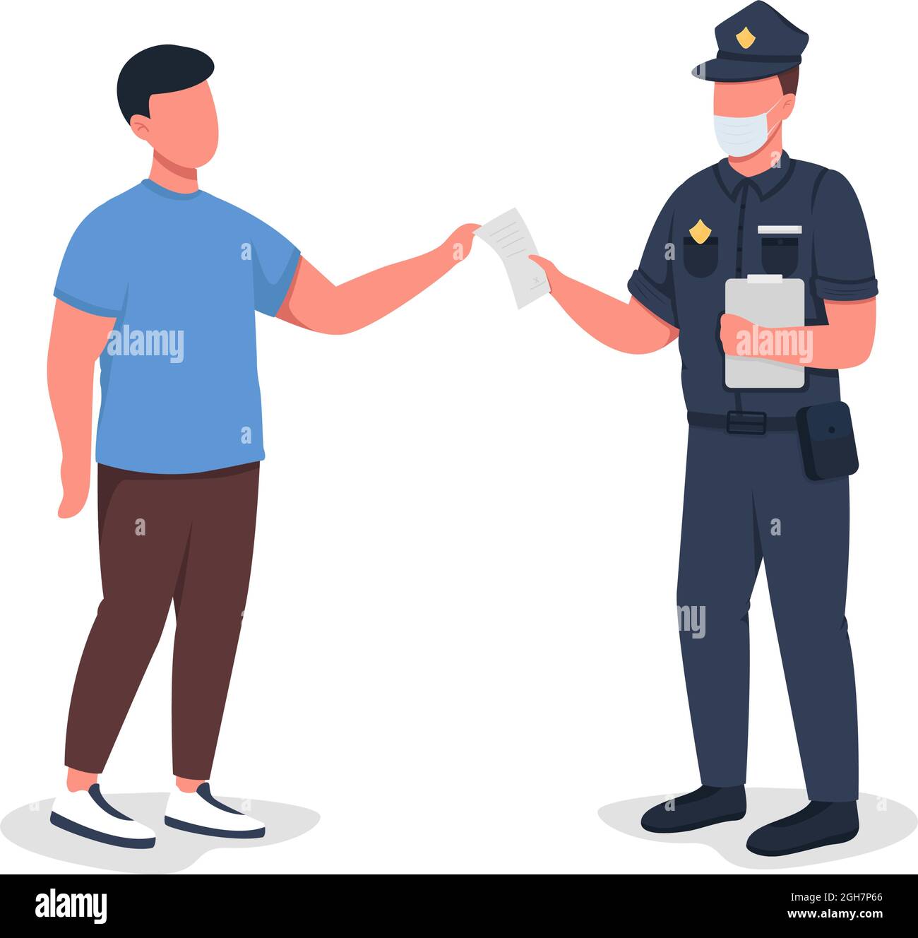 Police officer hands over paper to witness semi flat color vector ...