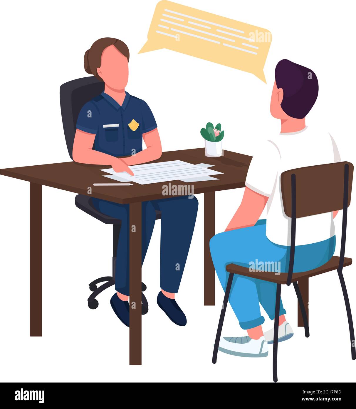 Policewoman interrogating suspect semi flat color vector characters ...