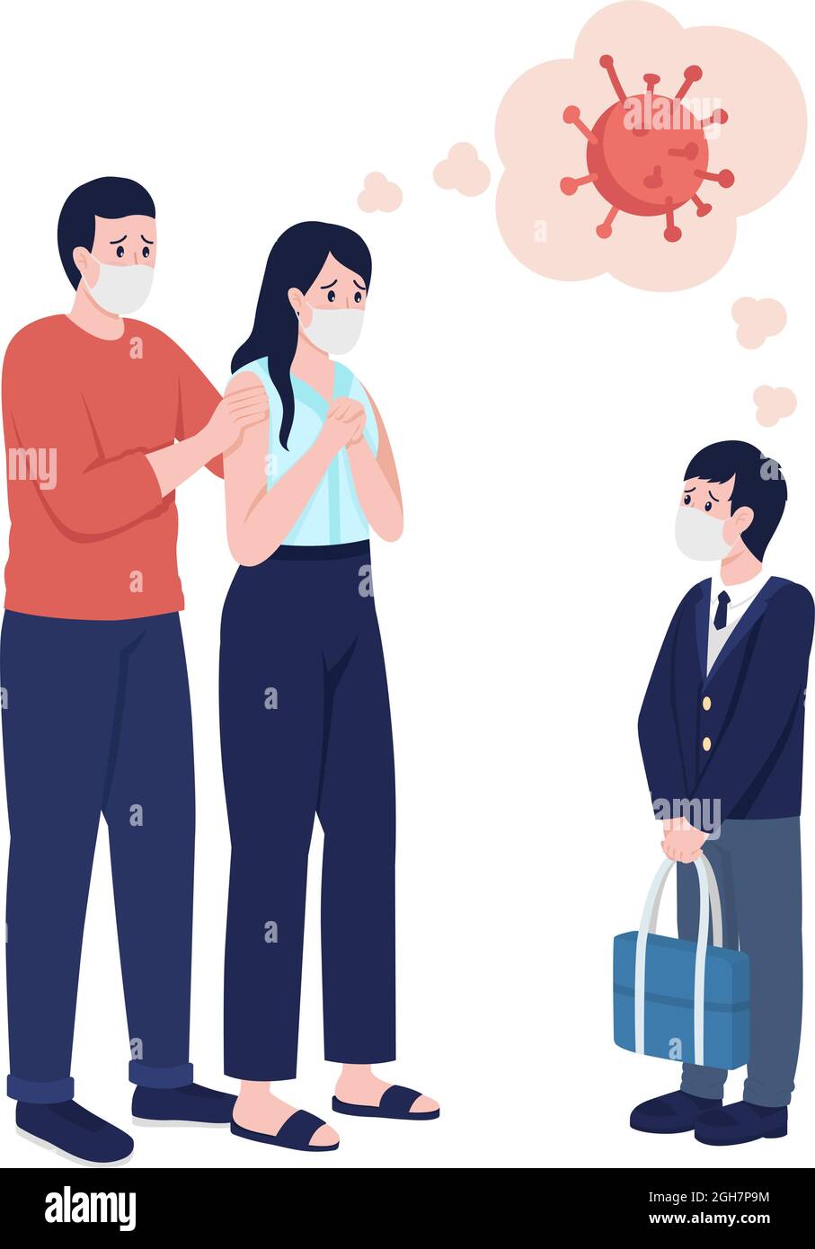 Worried parents see off their boy semi flat color vector character ...