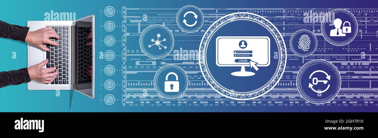 Top view of hands using laptop with symbol of login concept Stock Photo ...
