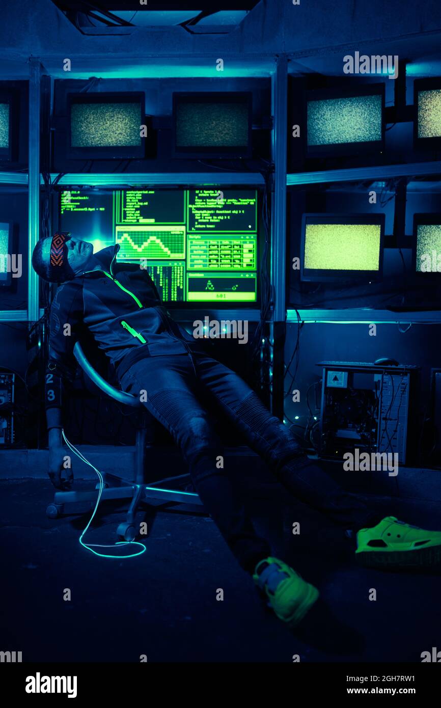 Cyber man has been in virtual reality for too long. Concept of cyber ...