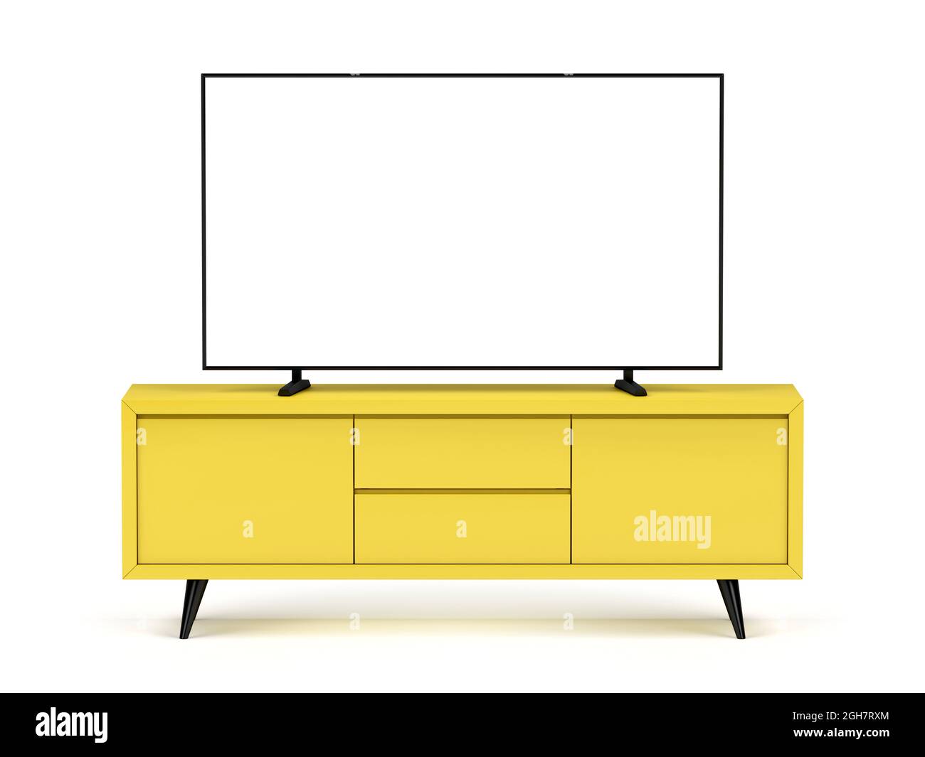 Front view of tv cabinet with flat screen tv on white background Stock ...
