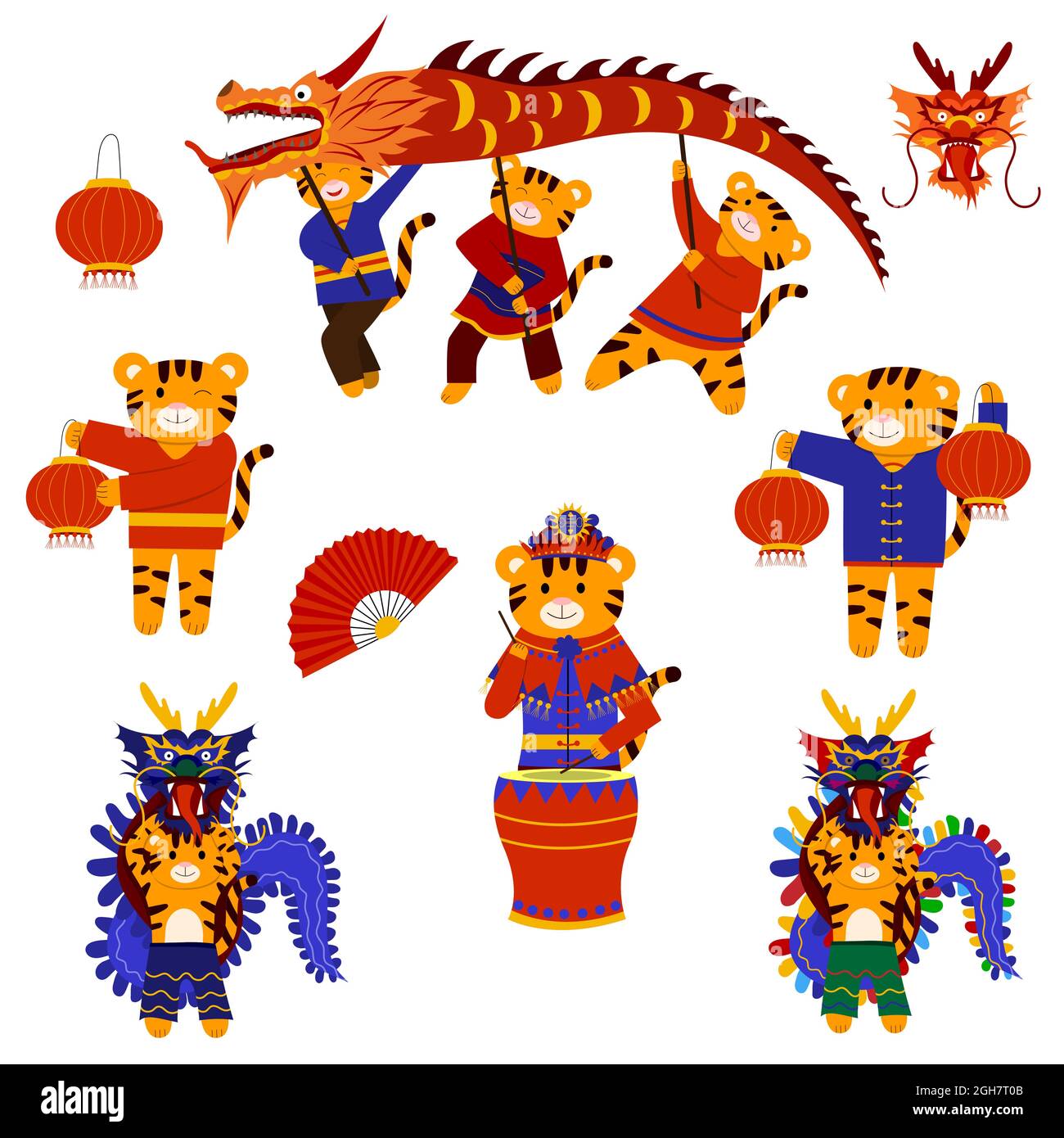 Cartoon illustration for children, Chinese New Year. A tiger plays a ...