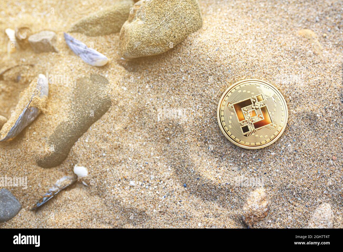 Binance coin on the beach sand with shells and stones. Single golden ...