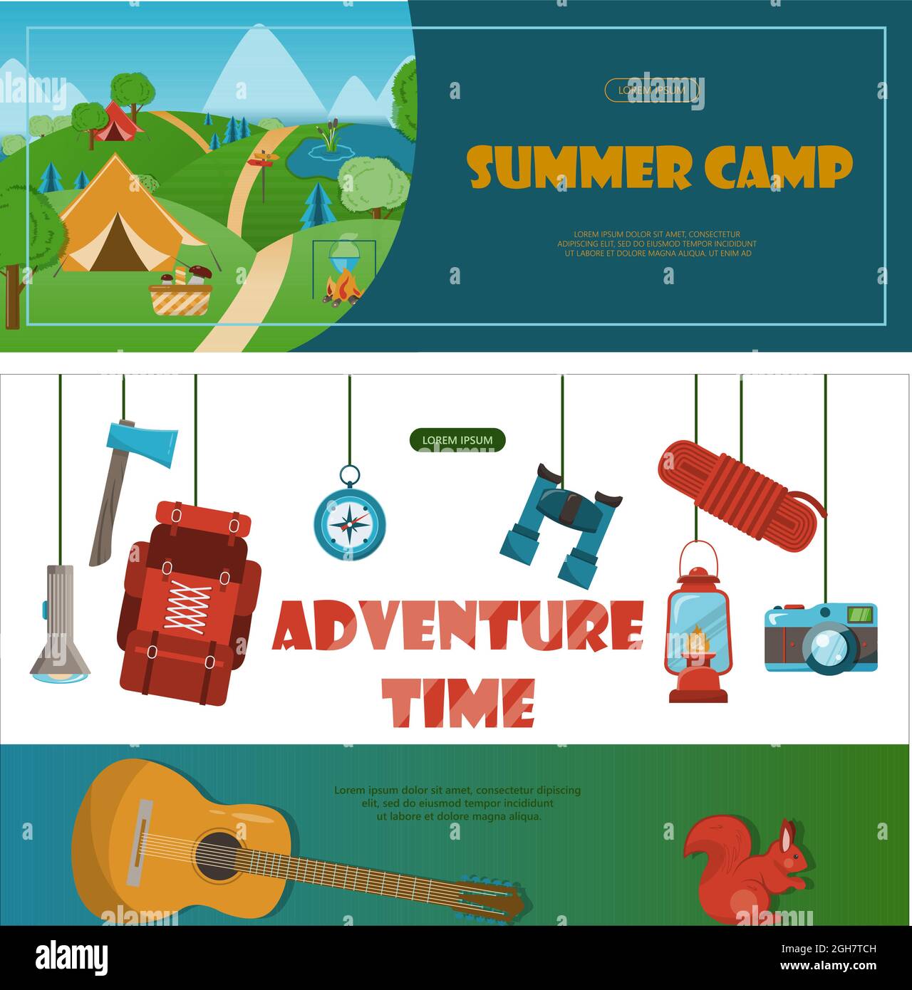 Camping adventure time vector illustration big set with flat equipment ...