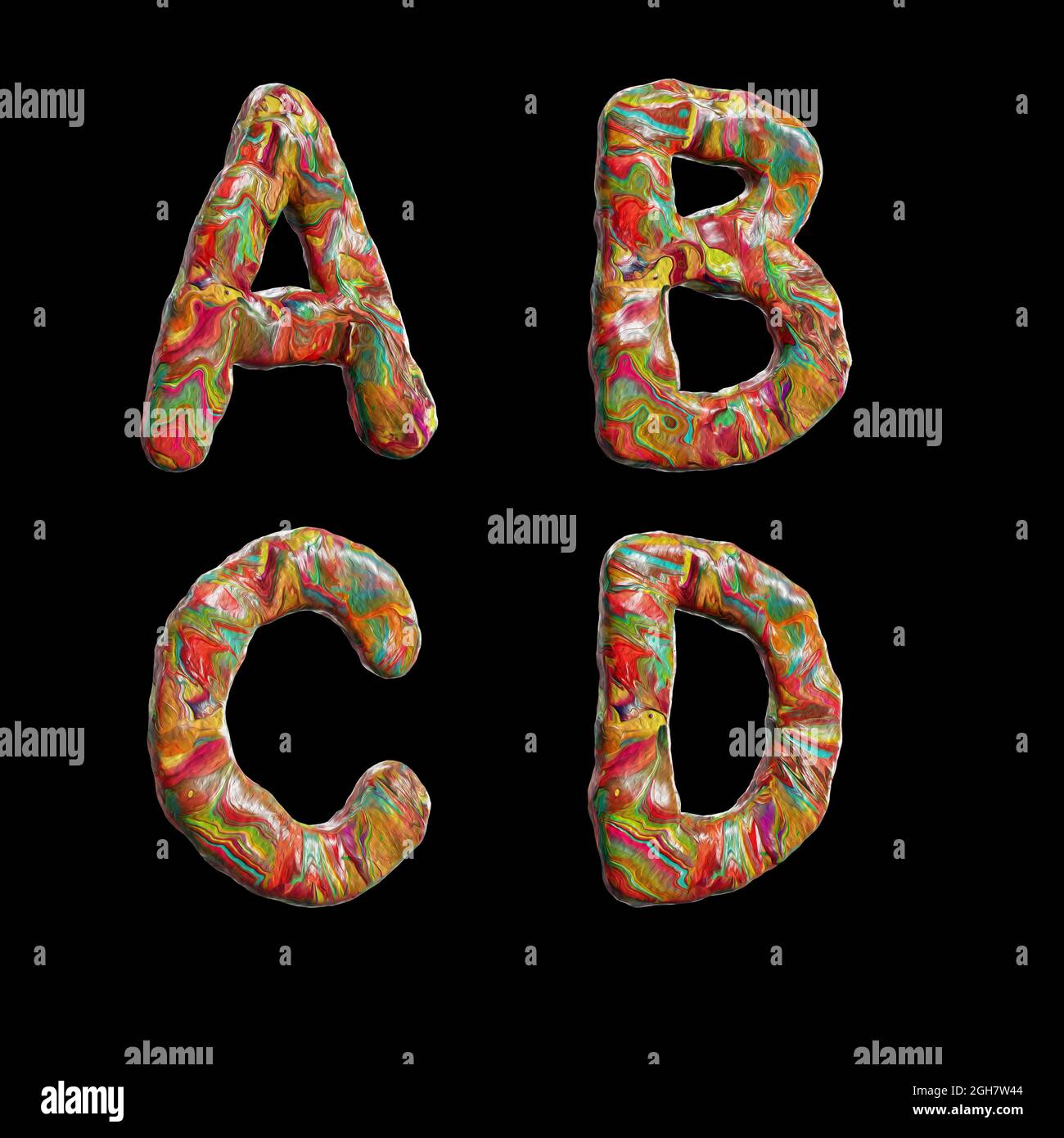 3D rendering of oil paint multicolor splotchy alphabet - letters A-D ...