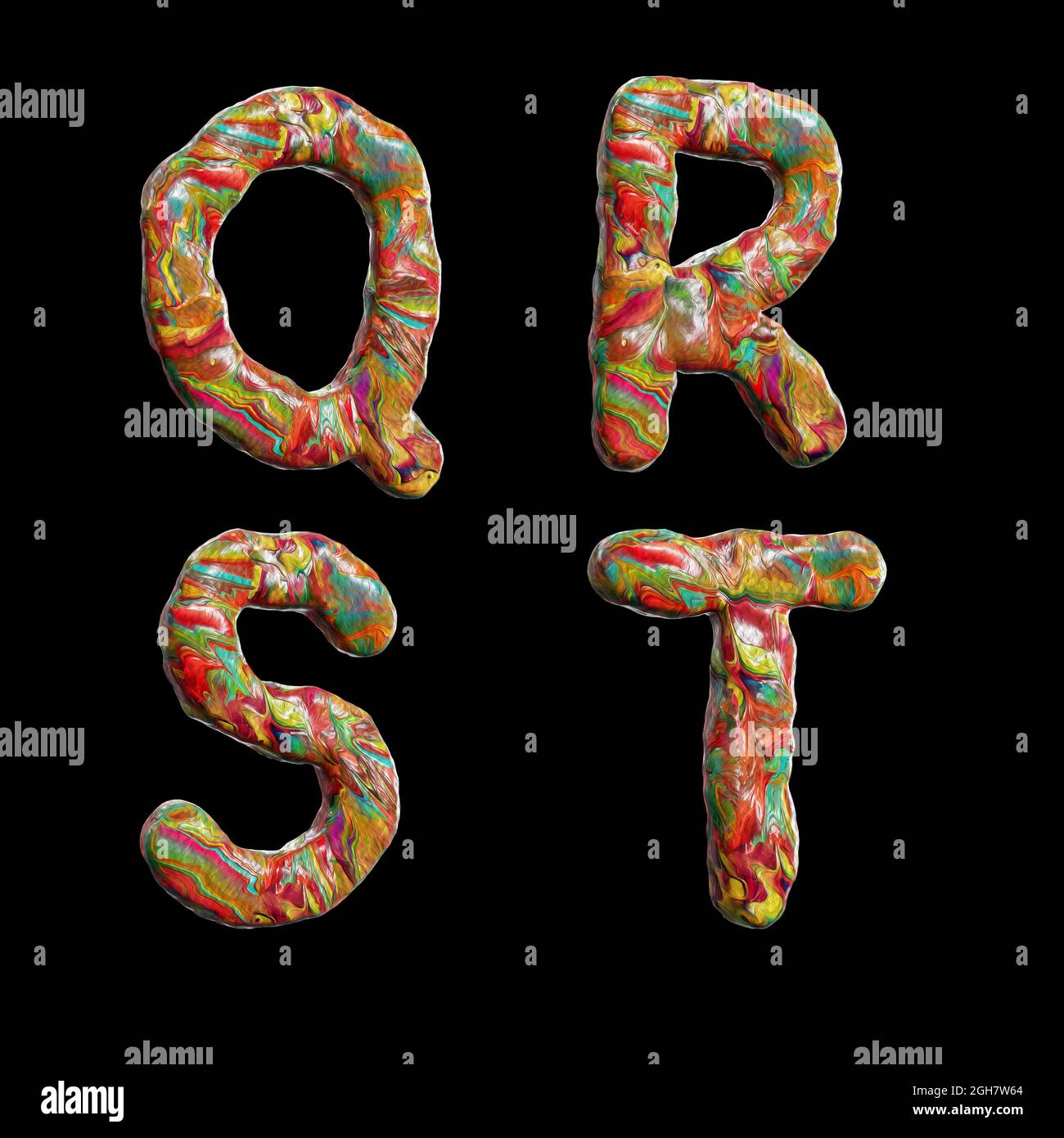 3D rendering of oil paint multicolor splotchy alphabet - letters Q-T ...