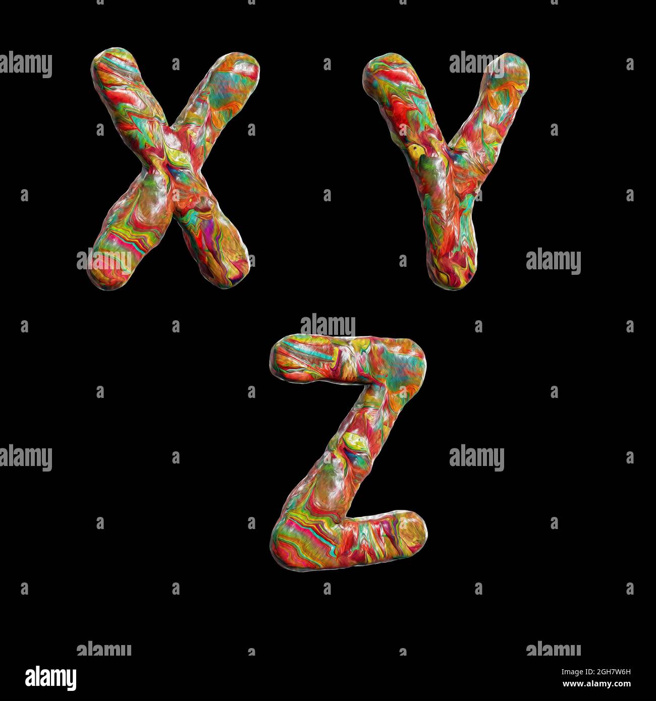 3D rendering of oil paint multicolor splotchy alphabet - letters X-Z ...