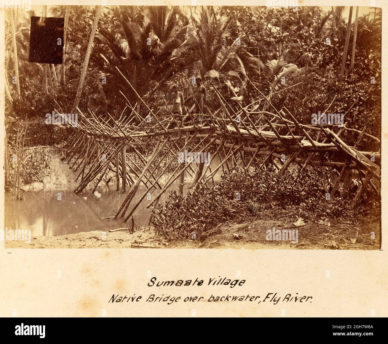 Natives on a bridge over a backwater of the Fly River in Papua New ...