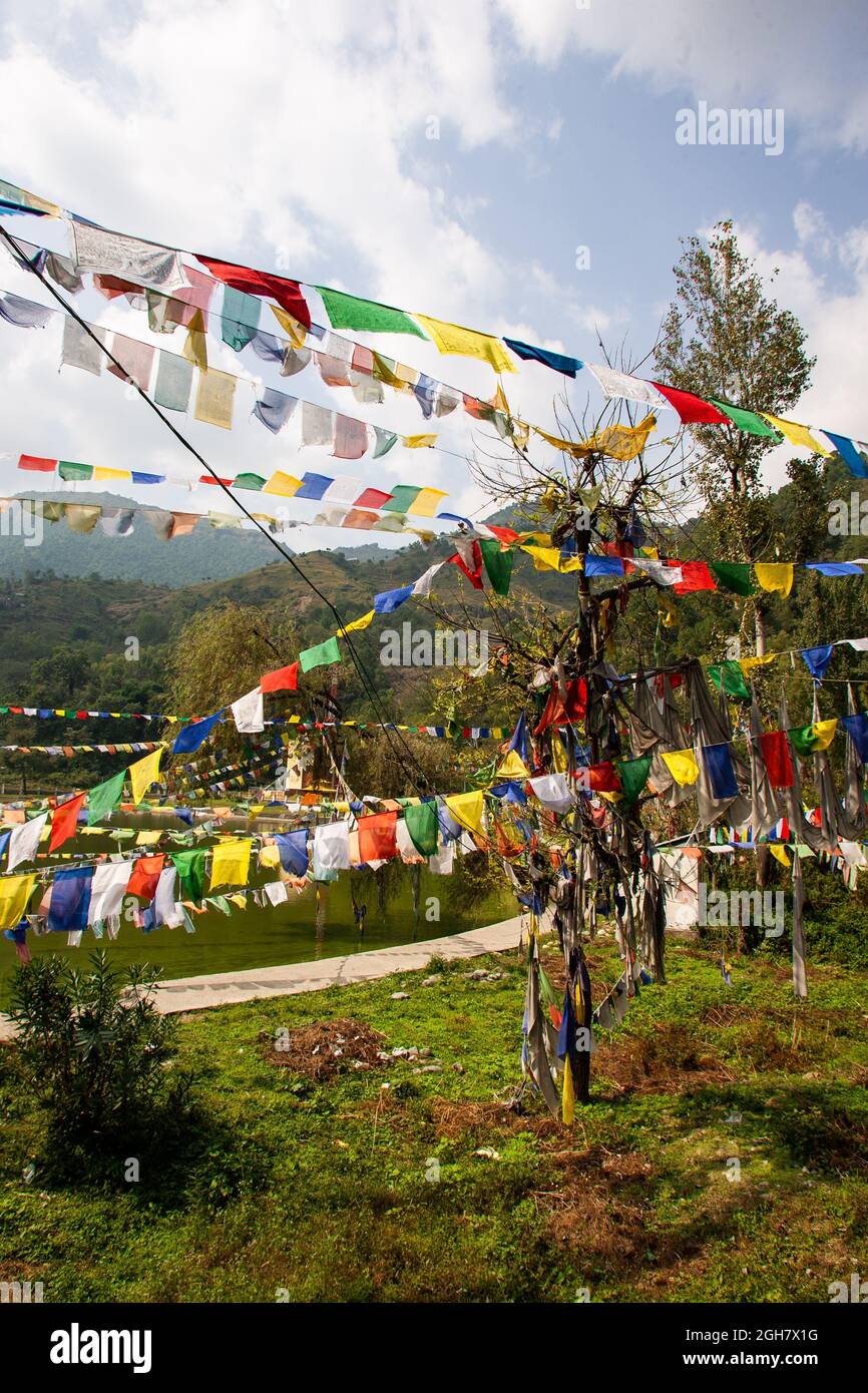 Buddhist prayer flags waving on the banks of the Beas River at Manali ...