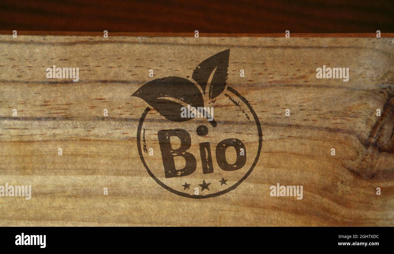 Bio stamp printed on wooden box. Ecology, environment, natural food ...