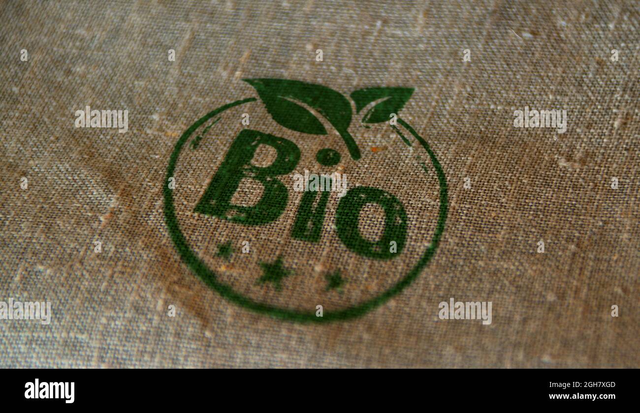 Bio stamp printed on linen sack. Ecology, environment, natural food ...