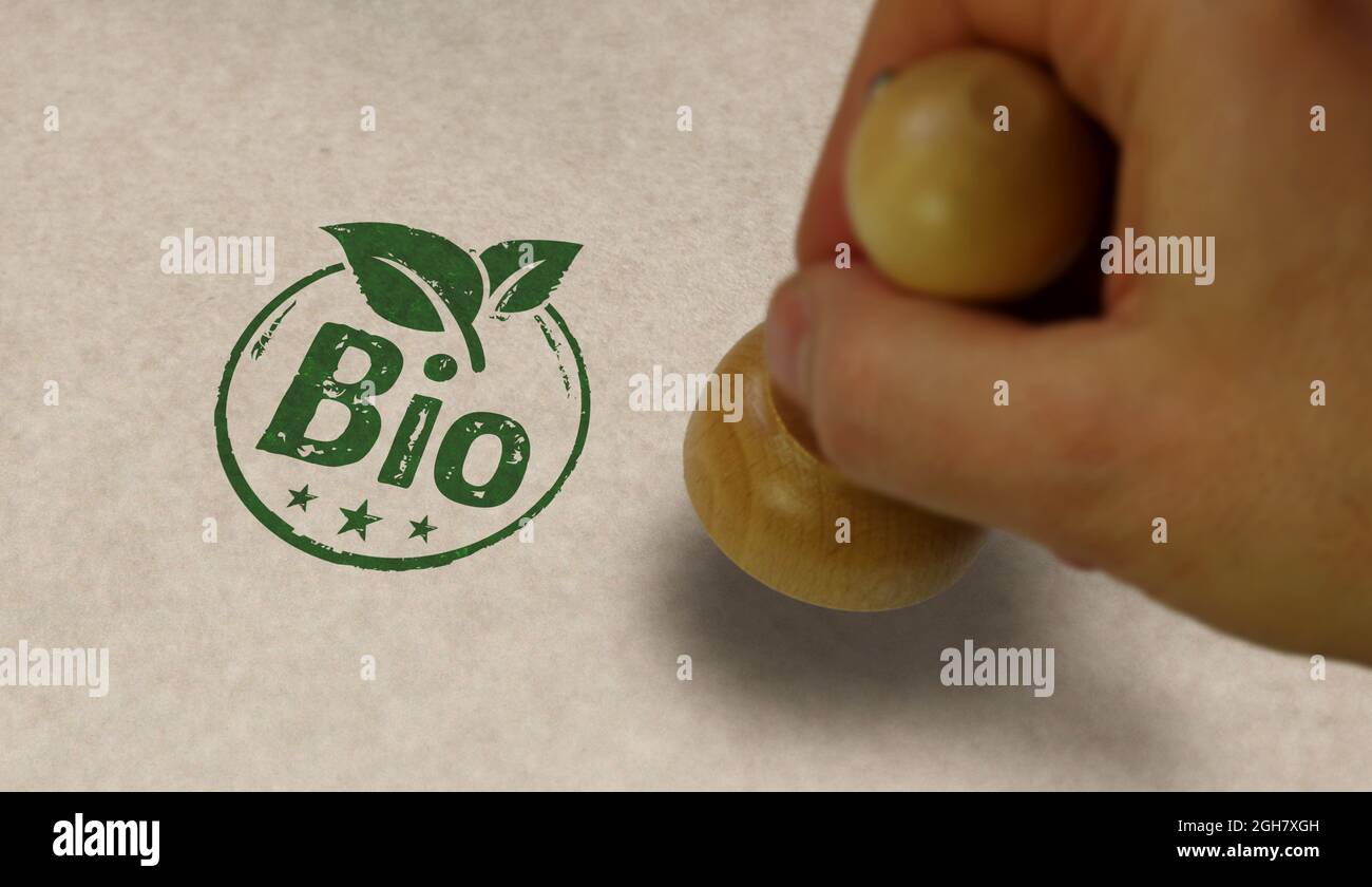 Bio stamp and stamping hand. Ecology, environment, natural food ...