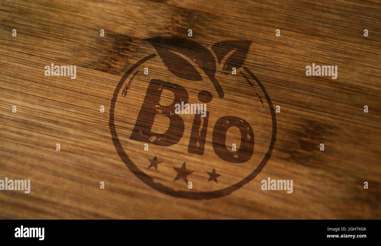Bio stamp printed on wooden box. Ecology, environment, natural food ...