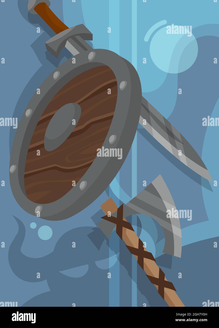 Viking poster with shield and weapons. Scandinavian placard design in ...