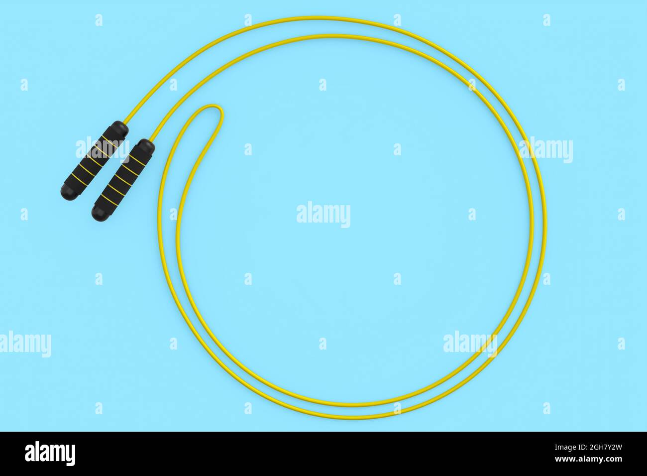 Yellow skipping rope or jumping rope isolated on blue background. 3d ...