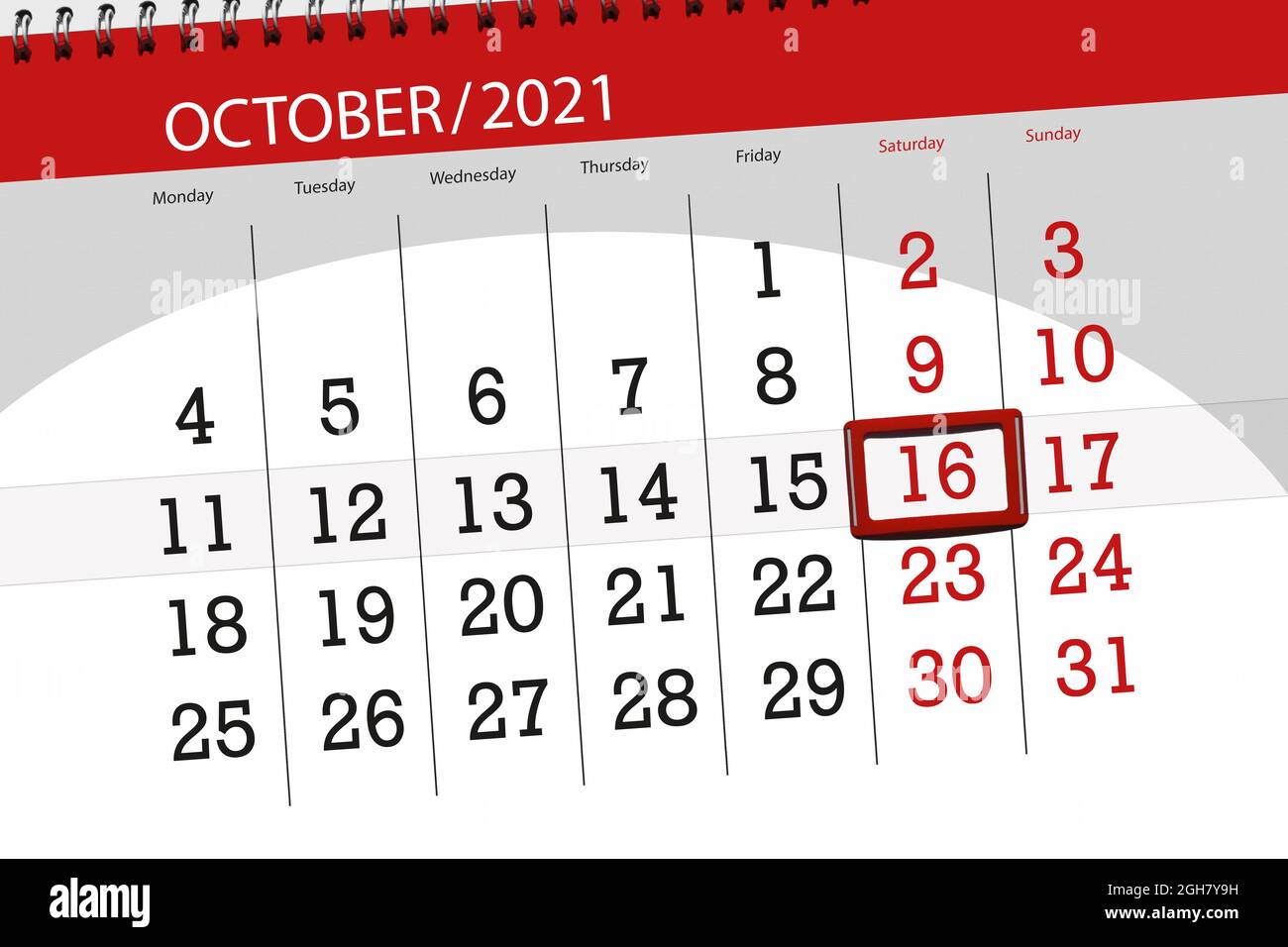 Calendar planner for the month october 2021, deadline day, 16, saturday ...