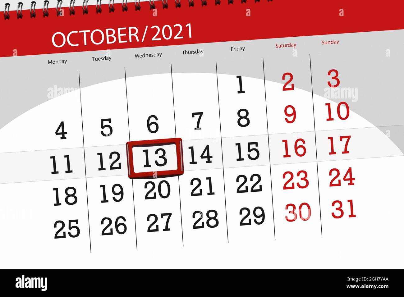 Calendar planner for the month october 2021, deadline day, 13 ...