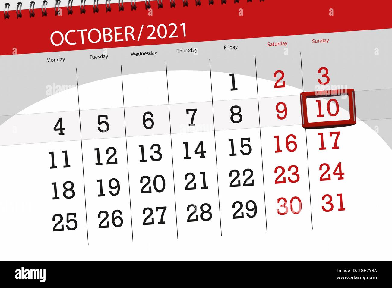 Calendar planner for the month october 2021, deadline day, 10, sunday ...